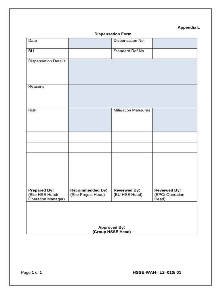 Dispensation Form for HSSE Approval | PDF