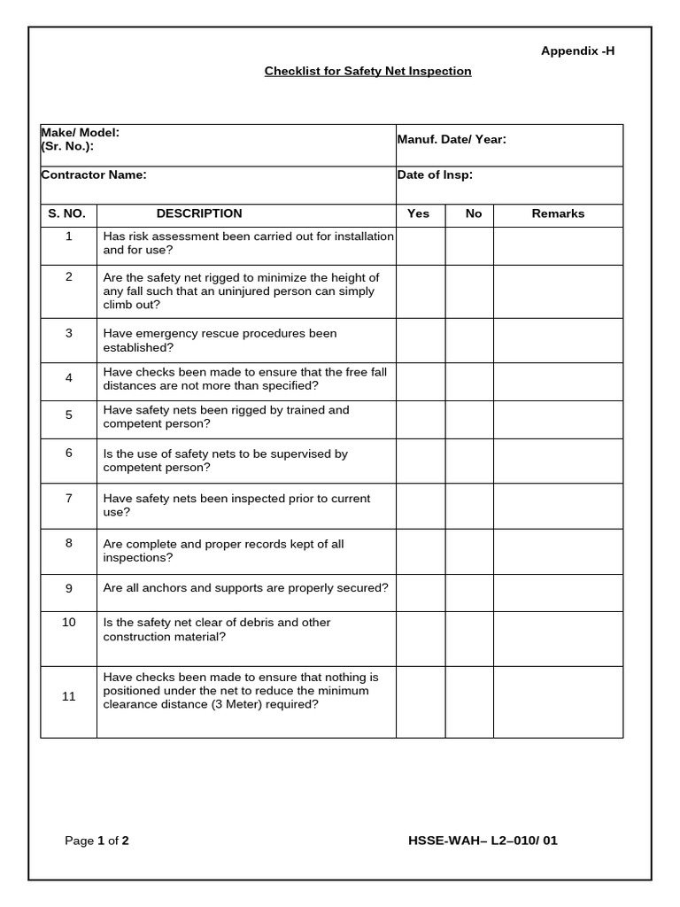 Appendix H - Checklist For Safety Net Inspection | PDF