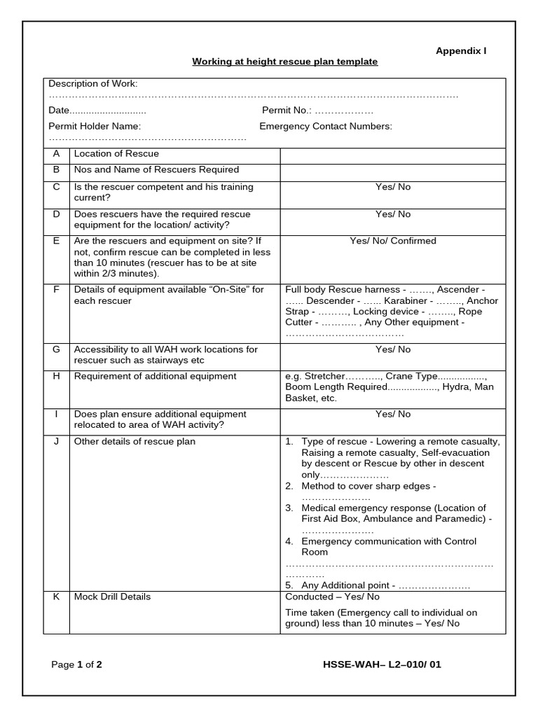 Appendix I - Working at Height Rescue Plan Template | PDF | Emergency ...