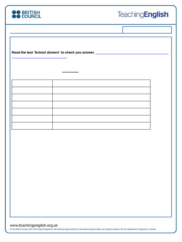 TE Food Issues - School Dinners Worksheet | PDF