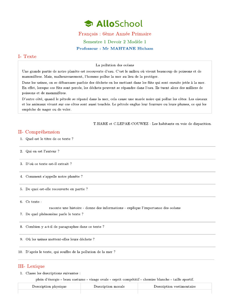 Francais 6ap Semestre 1 Devoir 2 Modele 1 2 | PDF