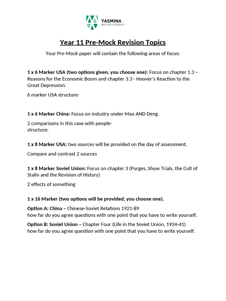 Year 11 Pre Mock Revision Topics Edit | PDF