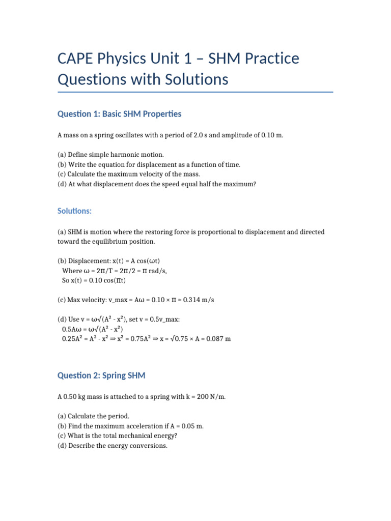 SHM Practice Questions and Solutions | PDF | Quantity | Physical Quantities