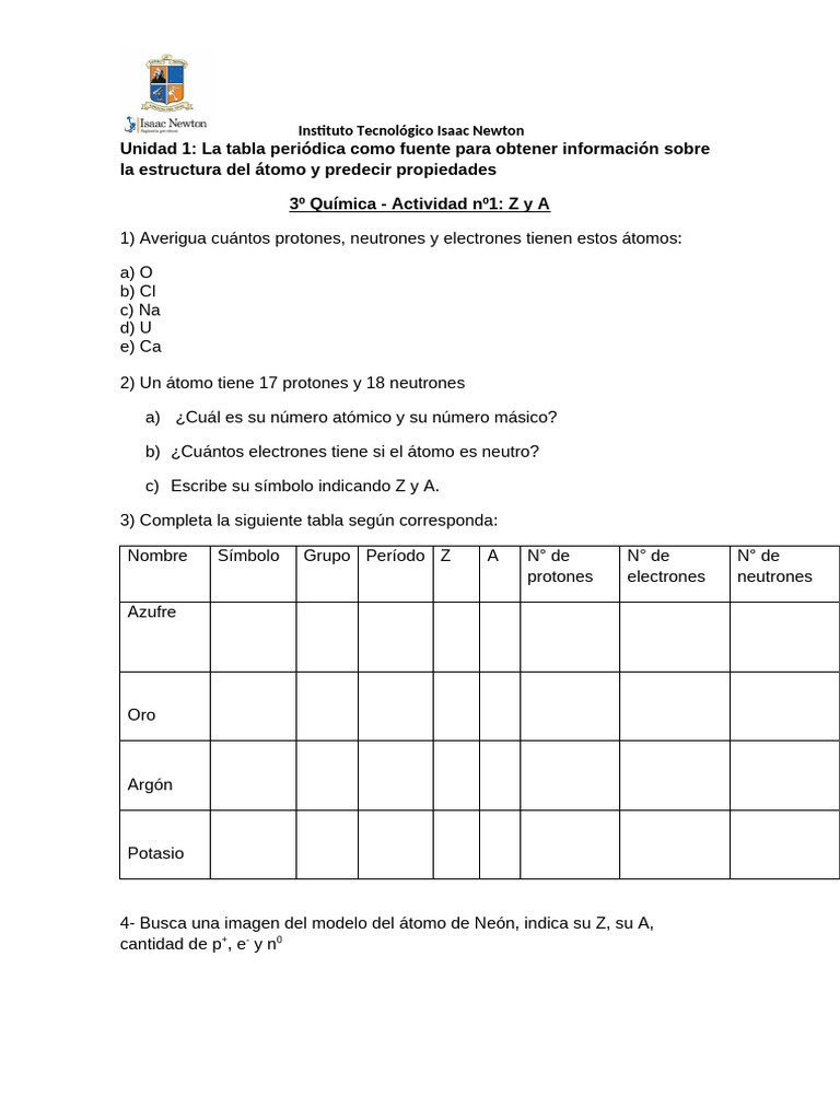 Actividad 1 Número Atómico y Número Másico | PDF