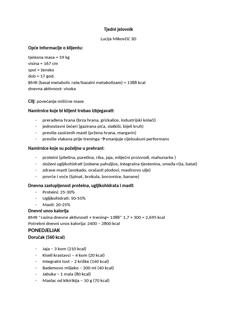 Tjedni Jelovnik | PDF