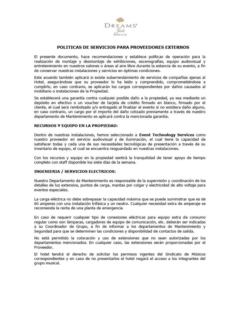 Políticas para Proveedores Externos | PDF | Hotel