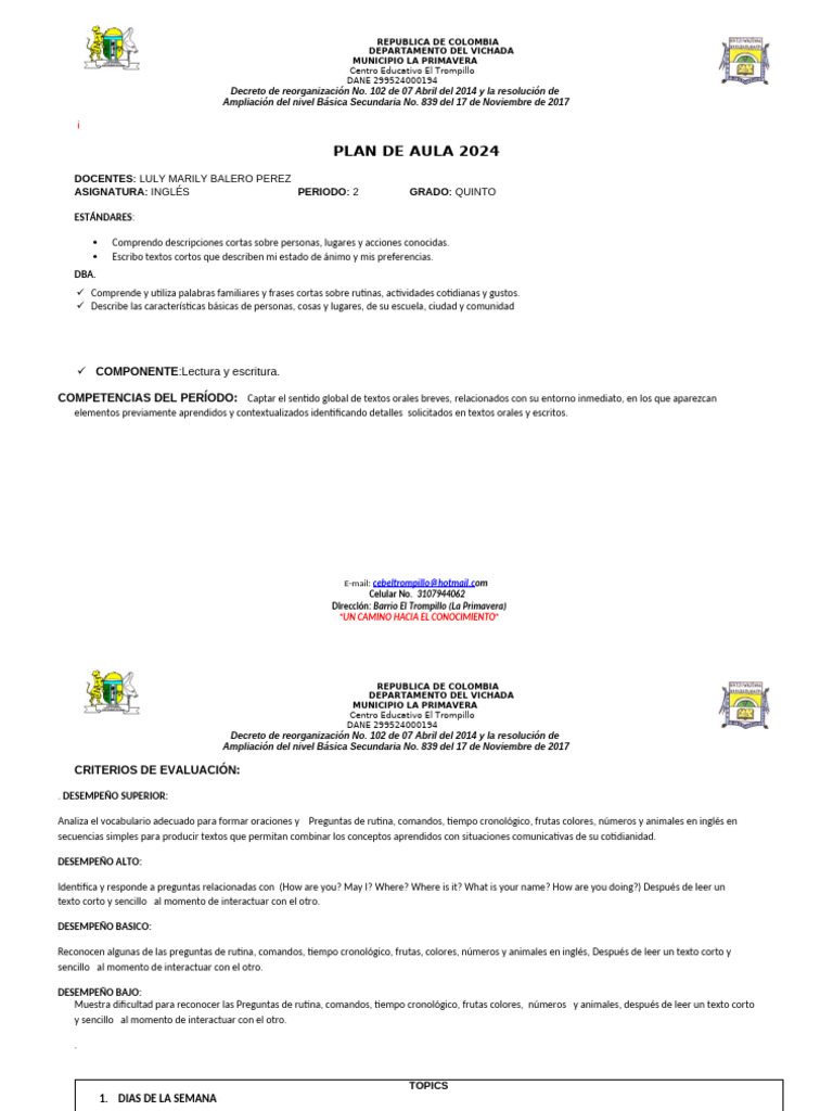 Plan Aula P2. Ingles 5° | PDF | Aprendizaje | Comunicación humana