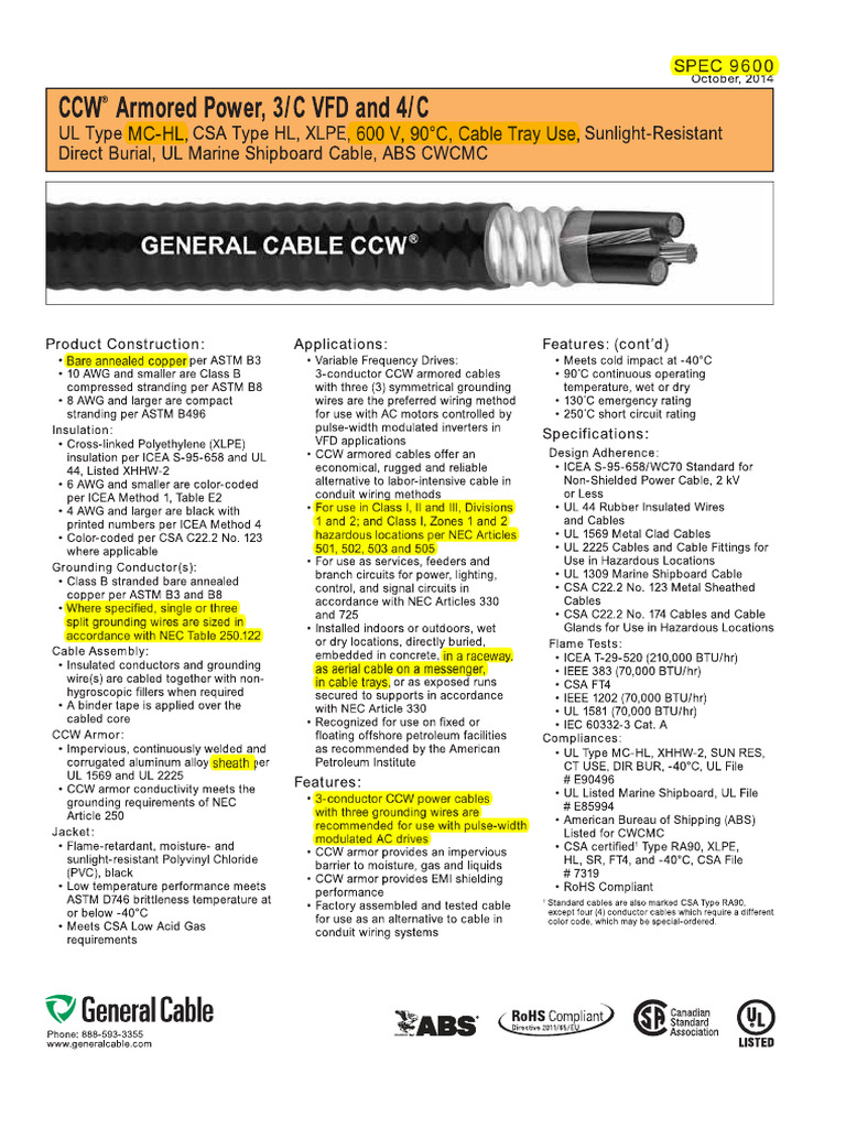 Cable MC-HL XHHW-2 General Cable 500 MCM | PDF