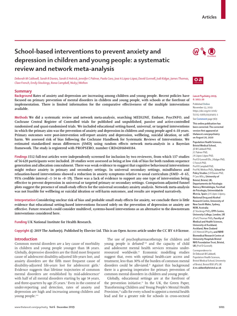 School-Based Interventions To Prevent Anxiety and | PDF | Meta Analysis ...