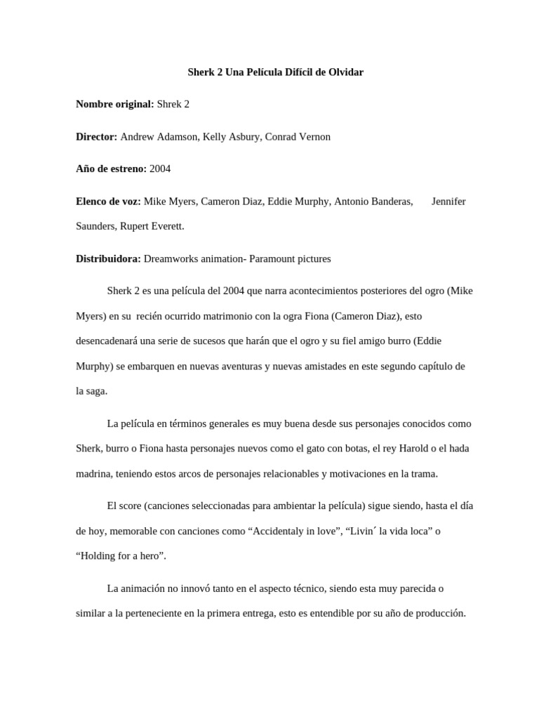 Sherk 2 Una Película Difícil de Olvidar... | PDF