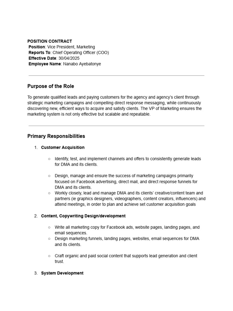 POSITION CONTRACT - VP, Marketing | PDF | Marketing | Customer ...