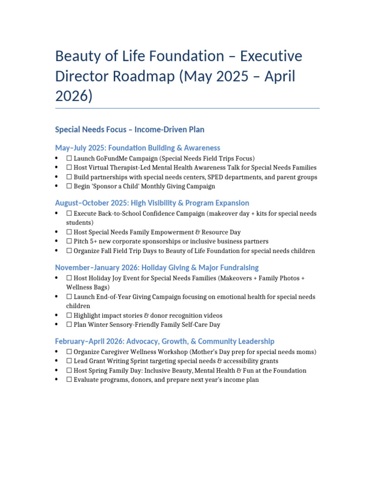 Kimberly Green Special Needs Yearly Roadmap | PDF