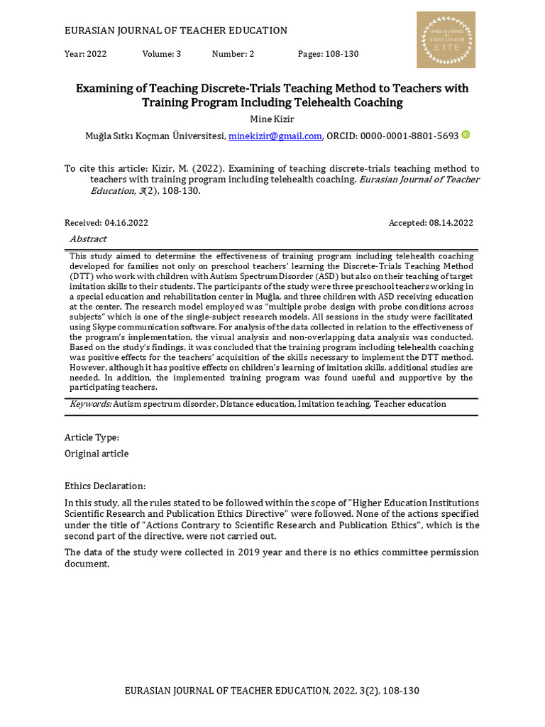 Examining of Teaching Discrete-Trials Teaching Method To Teachers With ...