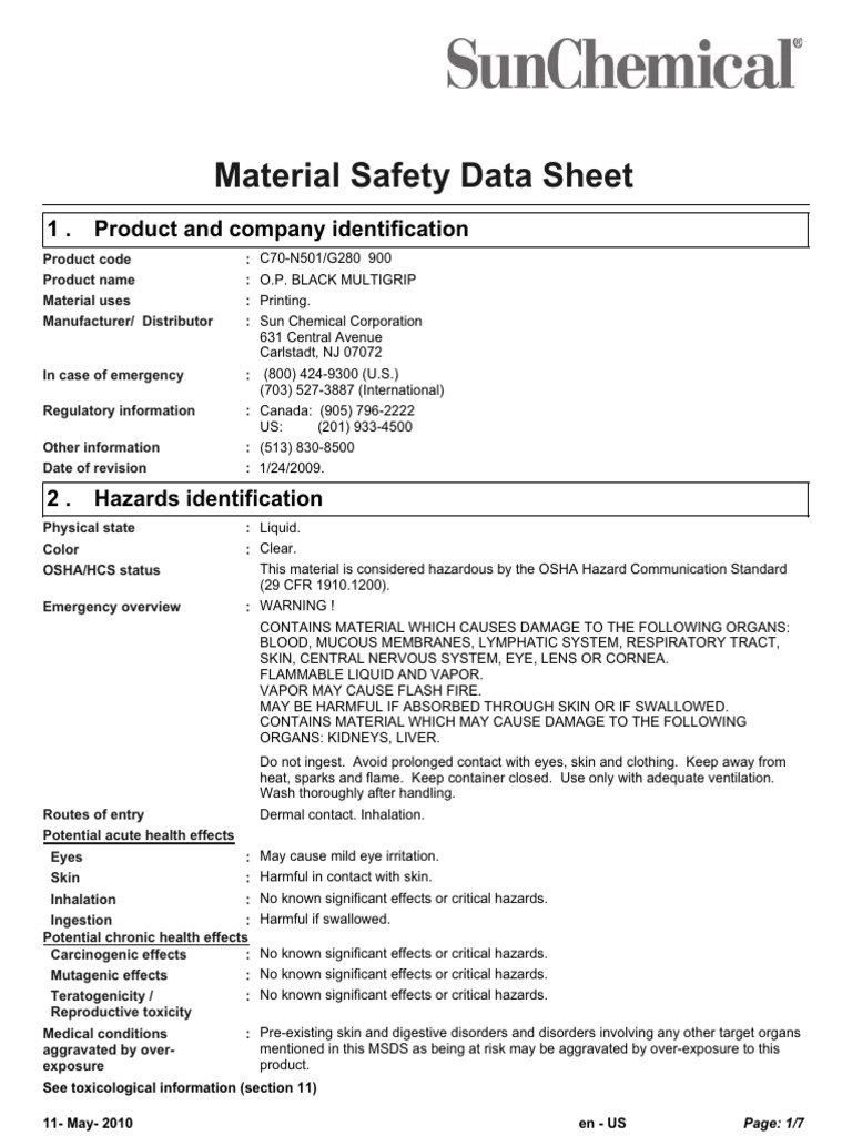 Sun Chemical MSDS for O.P. Black Ink | PDF | Occupational Safety And ...