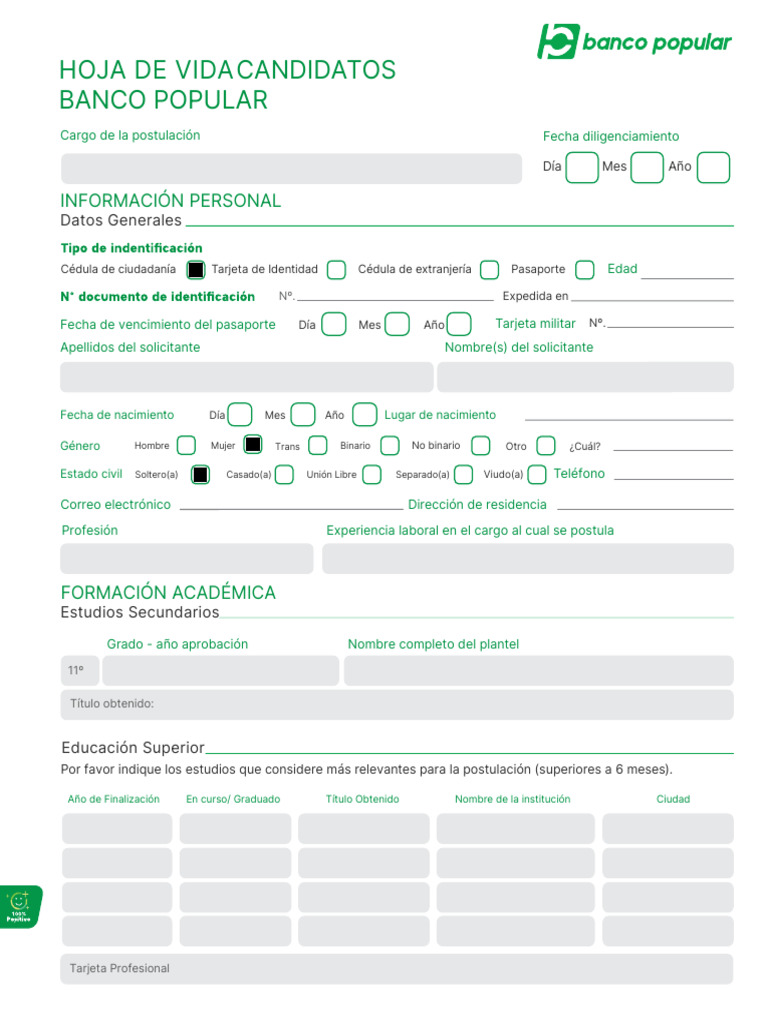 Hoja de Vida para Banco Popular | PDF