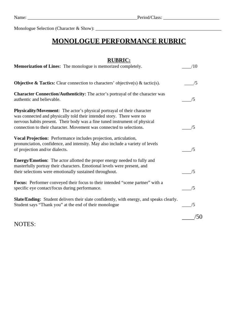Monologue Performance Evaluation Rubric | PDF