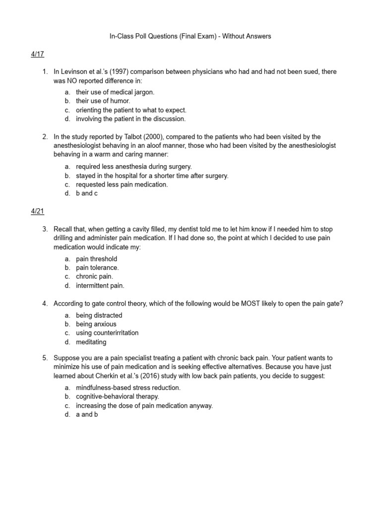 In-Class Poll Questions (Final Exam) - Without Answers | PDF | Pain | Surgery