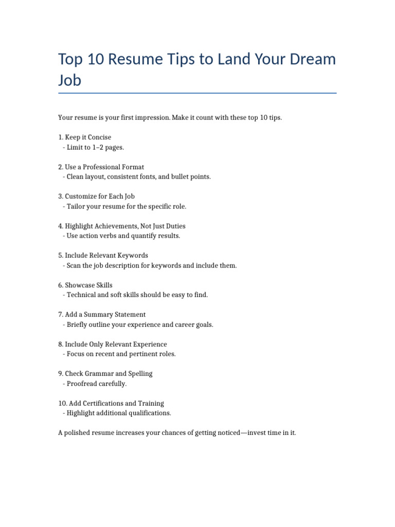 Top 10 Resume Tips to Land Your Dream Job | PDF