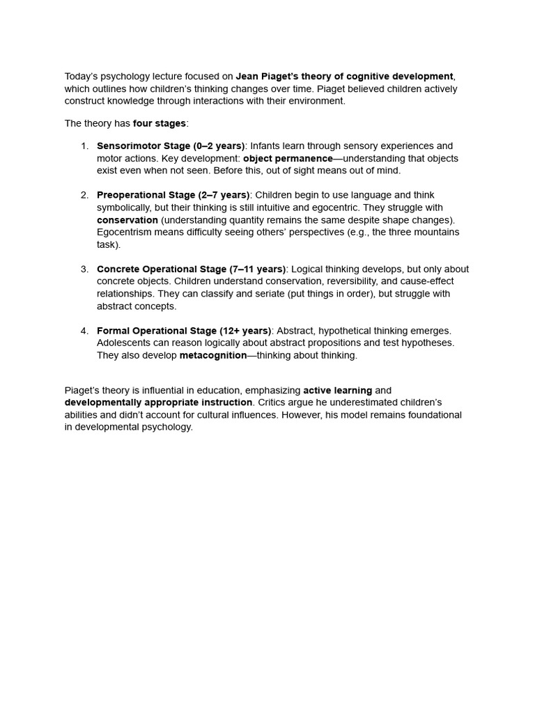 Psychology Piaget's Theory Lecture Transcript 2023 | PDF