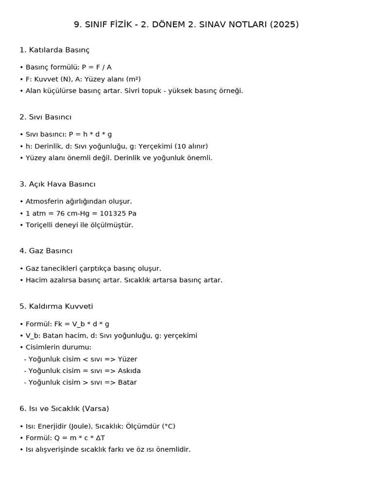 9 Sinif Fizik Sinav Notlari 2025 | PDF