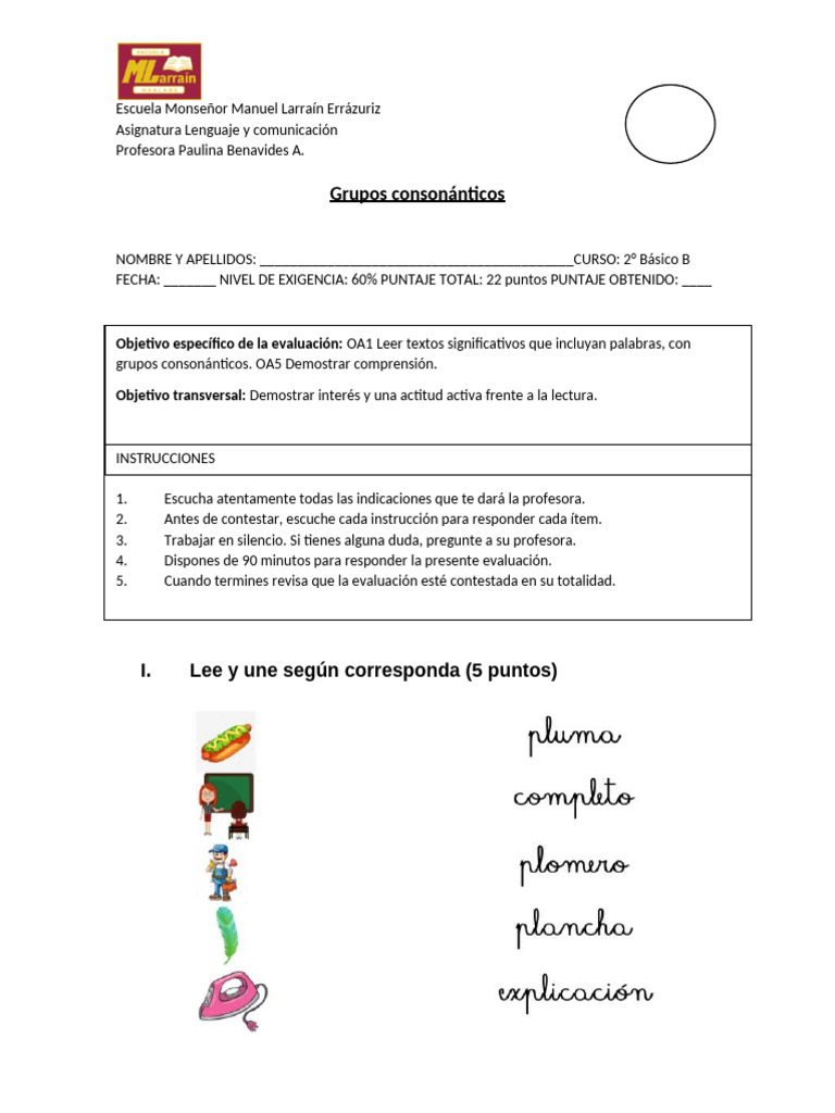 Evaluación de sílabas trabadas 2° Básico | PDF