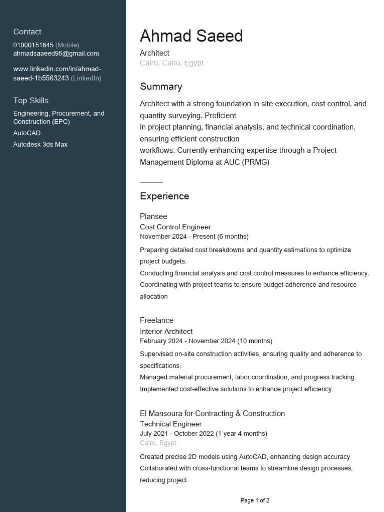 Ahmad Saeed - Architect & Cost Engineer | PDF | Architect | Business