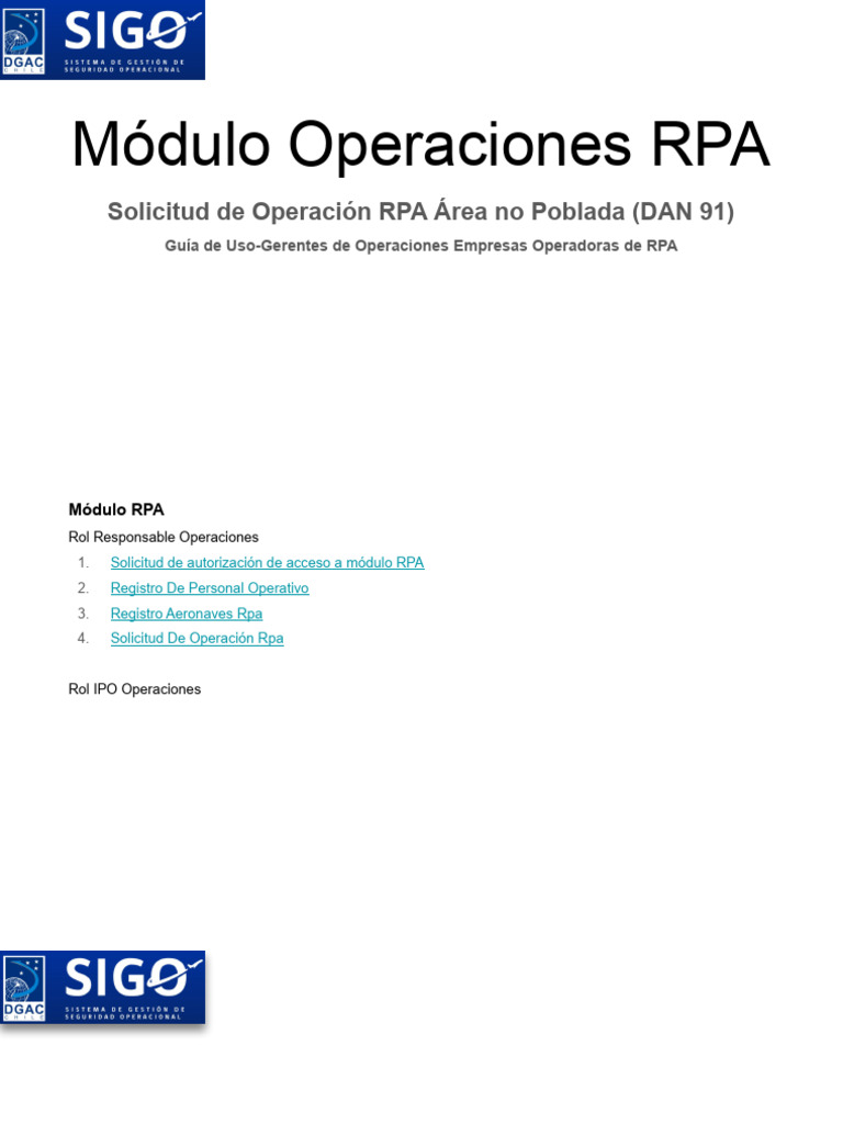 Módulo Operaciones RPA: Solicitud de Operación RPA Área No Poblada (DAN 91) | PDF