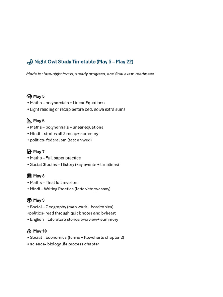 ? Night Owl Study Timetable (May 5 - May 22) | PDF
