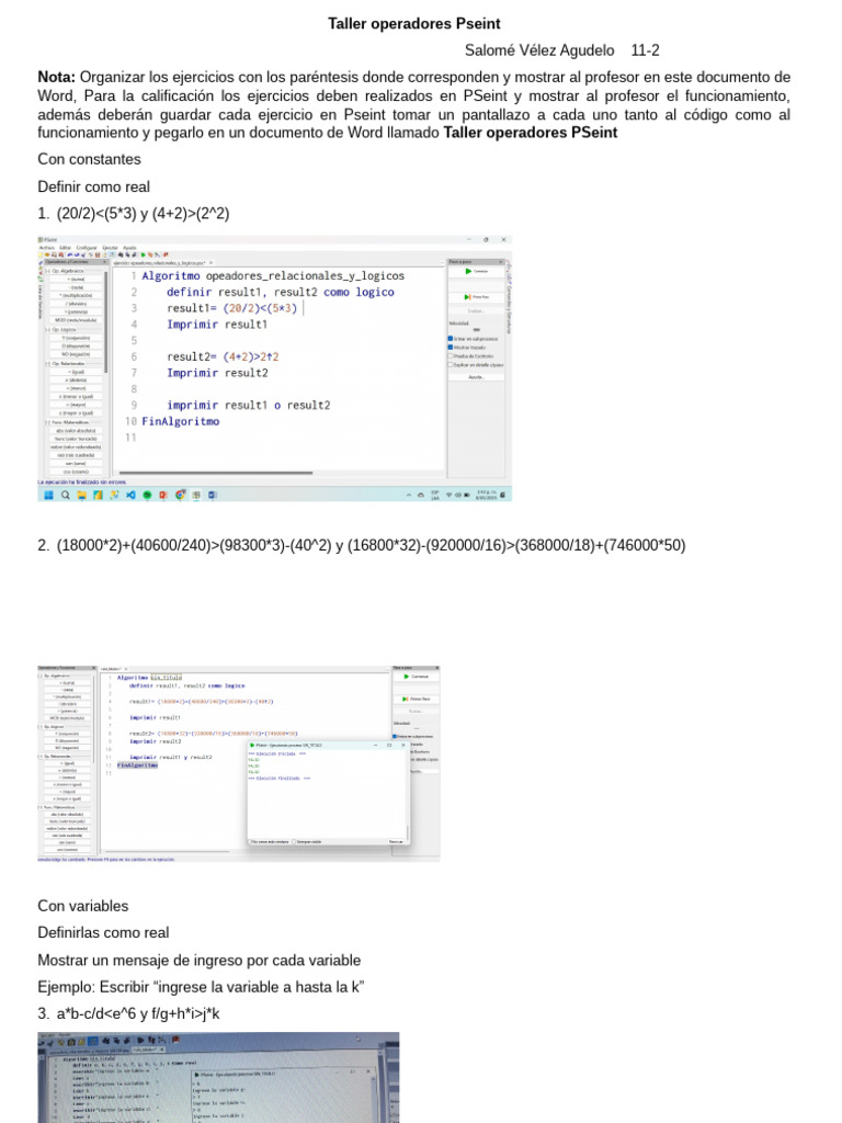 Taller Pseint operadores logicos y relacionales. TERMINADO. salo vélez ...