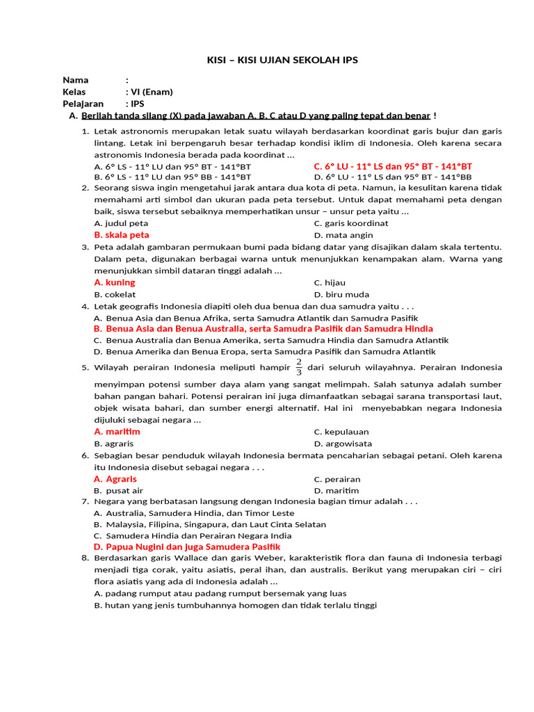Kisi - Kisi Us Ips Kelas 6 2024-2025 Kunci | PDF