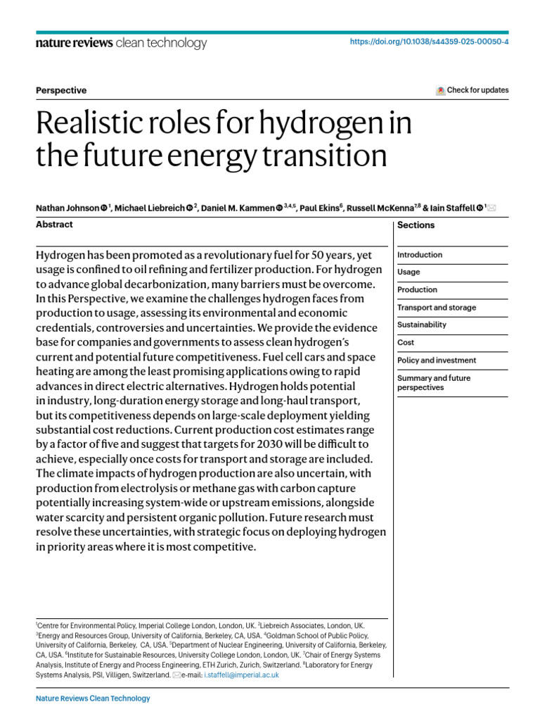 Realistic Roles for Hydrogen in the Future Energy Transition | PDF ...