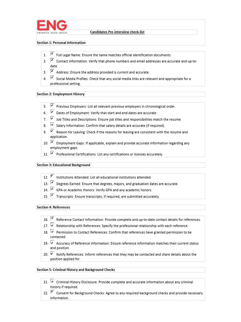 Candidates Pre-Interview Checklist | PDF | Résumé | Background Check
