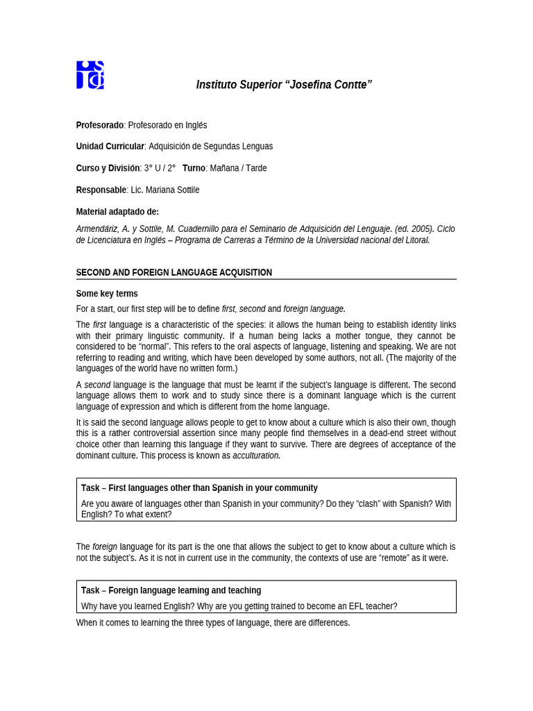 Lesson 1 Reading and Tasks Guidelines | PDF | Second Language | Second ...