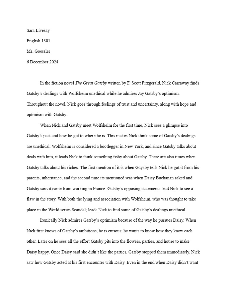 The Great Gatsby Essay | PDF