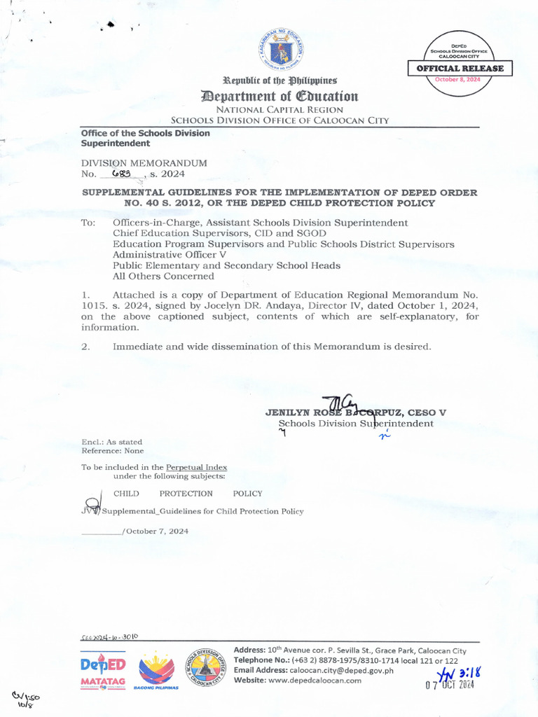 DM No. 683, S. 2024 - Supplemental Guidelines For The Implementation of ...