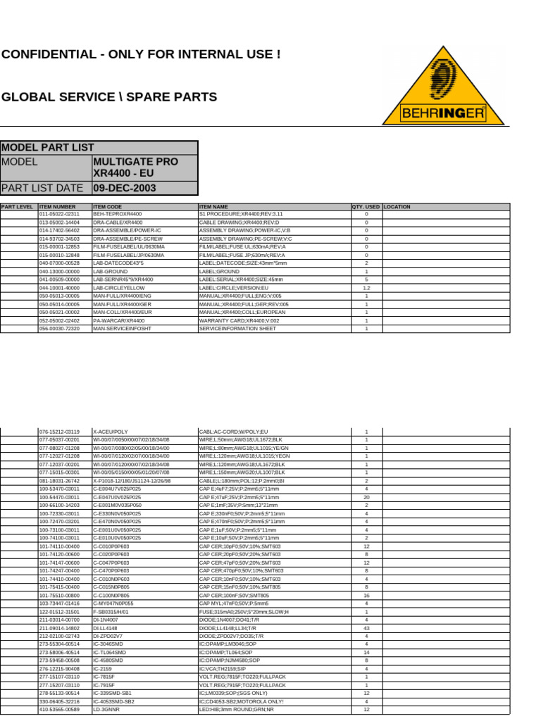 XR4400 Partlist DEC-2003 | PDF