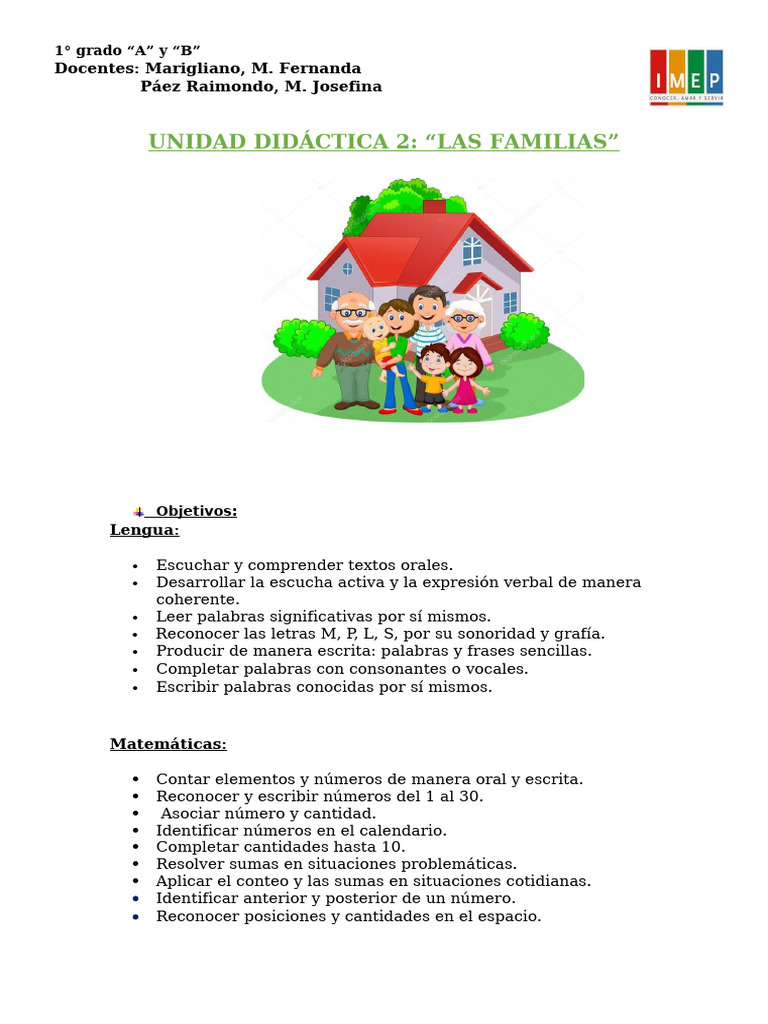 Unidad Didáctica: Las Familias en 1° Grado | PDF | Escritura | Aprendizaje