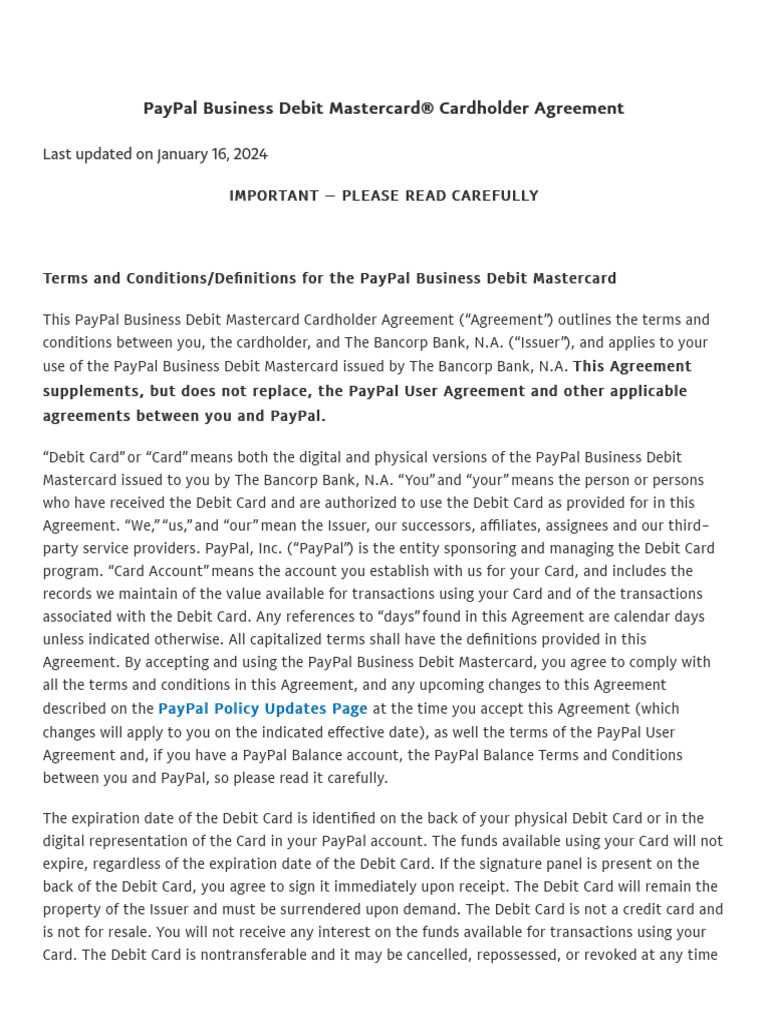 PayPal Business Debit Mastercard® Cardholder Agre | PDF | Credit Card ...