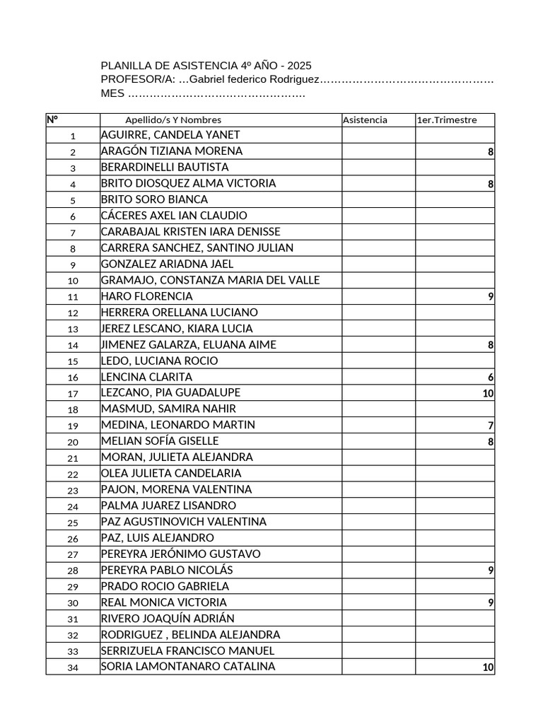 Apellido/s Y Nombres Asistencia 1er - Trimestre 1 2 3 4 5 6 7 8 9 10 11 ...