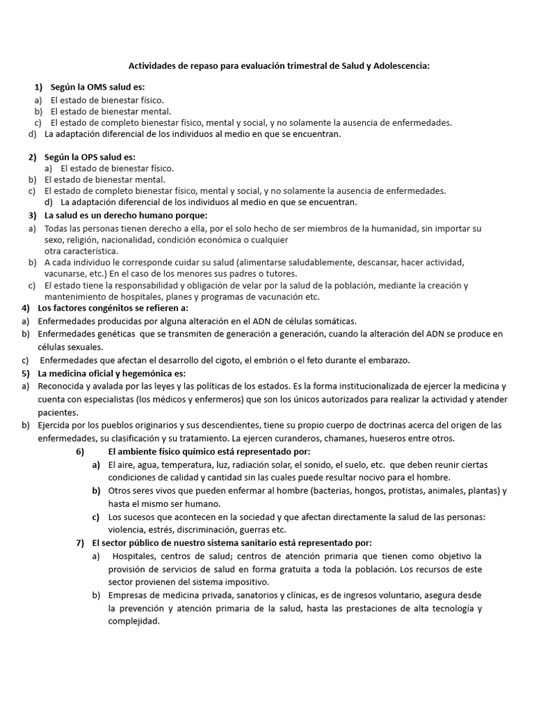 Actividades de repaso para evaluaci-n trimestral.docx | PDF | Cuidado de la salud | Ciencias de ...