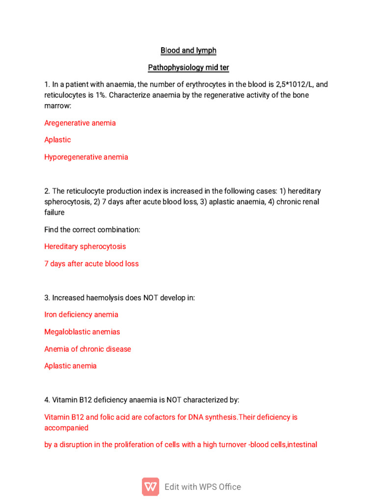 Path Physiology Midterm Blood Lymph Blood and Lymph Physio Mid Term Answers | PDF | Anemia ...