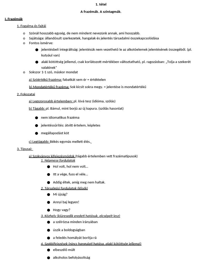 Tétel Nyelvtan | PDF