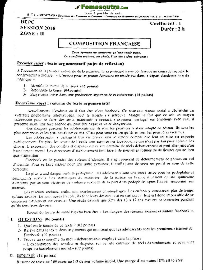 612ba5b6cbcf6sujet Corrige Et Bareme Composition Francaise Bepc | PDF