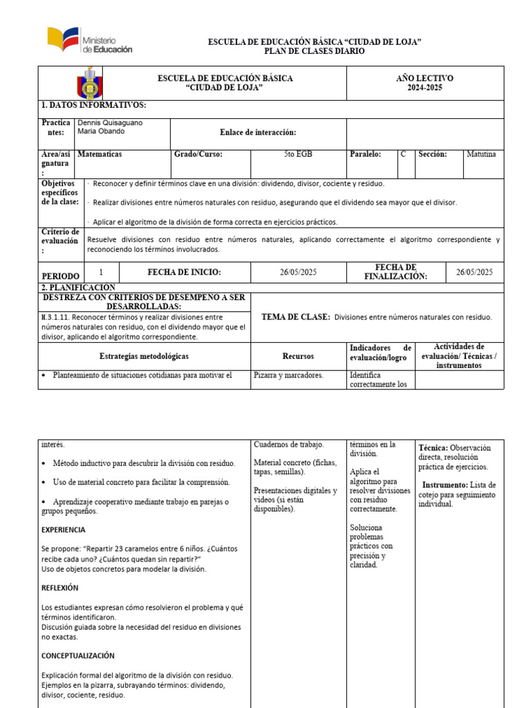 Divisiones con Residuo en 5to EGB | PDF | División (Matemáticas ...