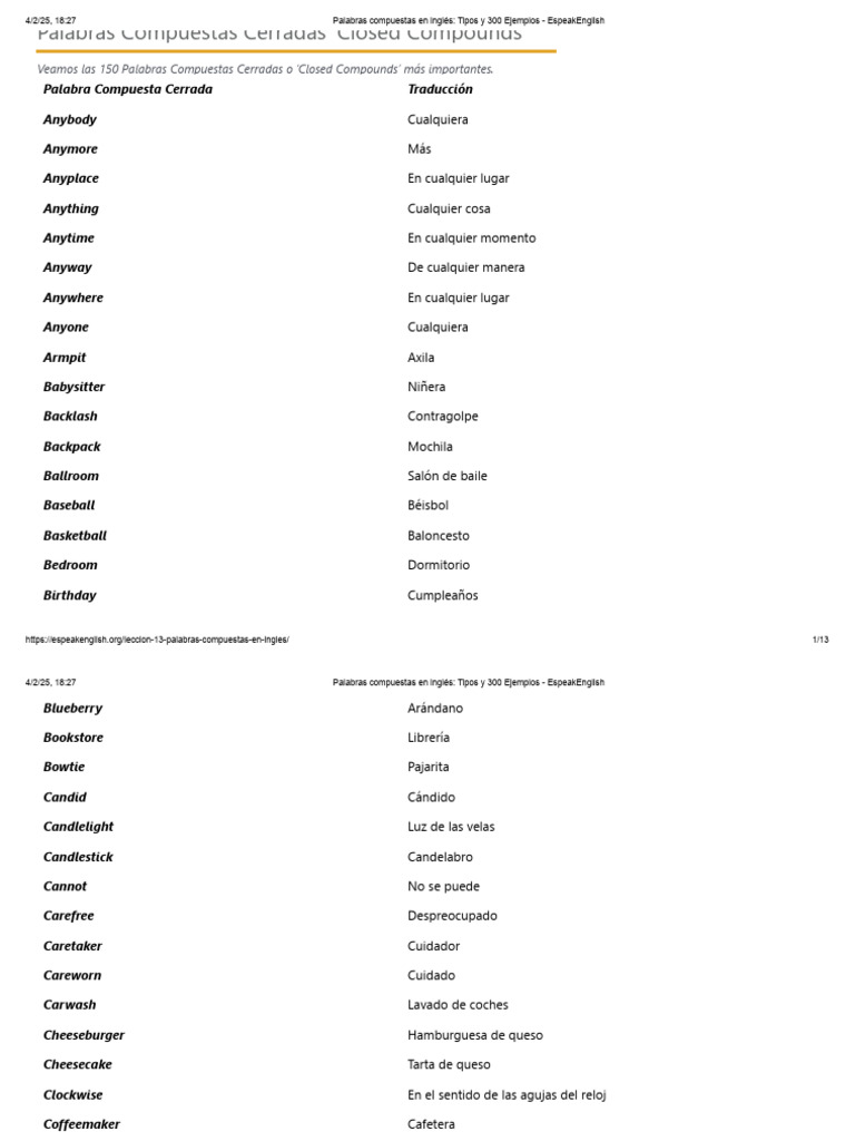 150 Palabras Compuestas en Inglés | PDF
