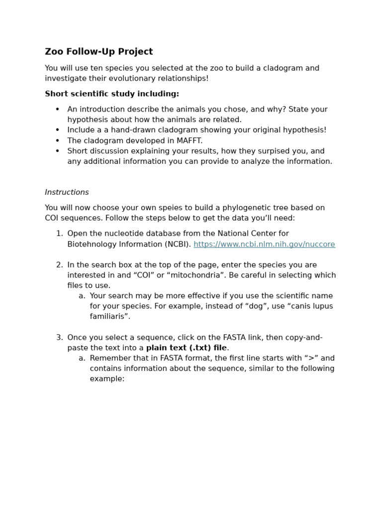 Zoo Species Cladogram Project Guide | PDF