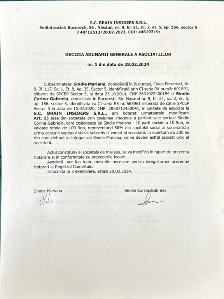 Contract Cesiune, Decizia AGA Brain Insiders | PDF