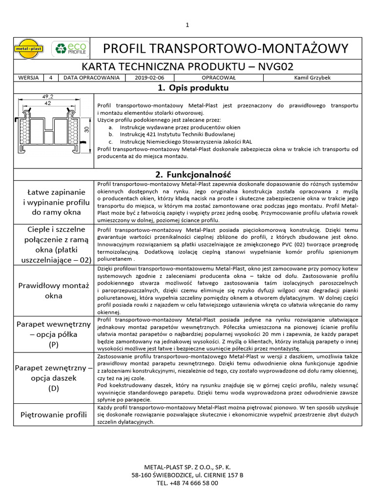 NVG02 Profil Transportowo-Montazowy Karta Techniczna Produktu | PDF