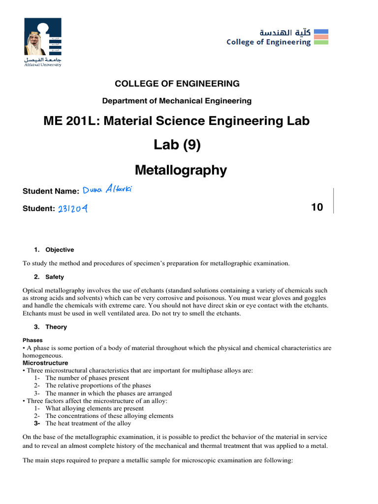 ME 201L Lab (9)- Metallography (1) (1) sub | PDF