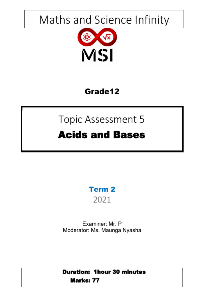 Grade 12 Topic Test 5 Acids and Bases | PDF